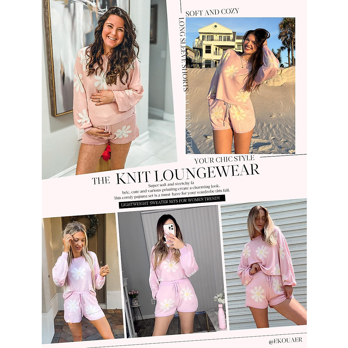 Ekouaer Knit Pajamas Set for Women Lounge Sets Long Sleeve Sweatsuit Matching 2 Piece Outfits Cute Sweater Sets Floral Pink M