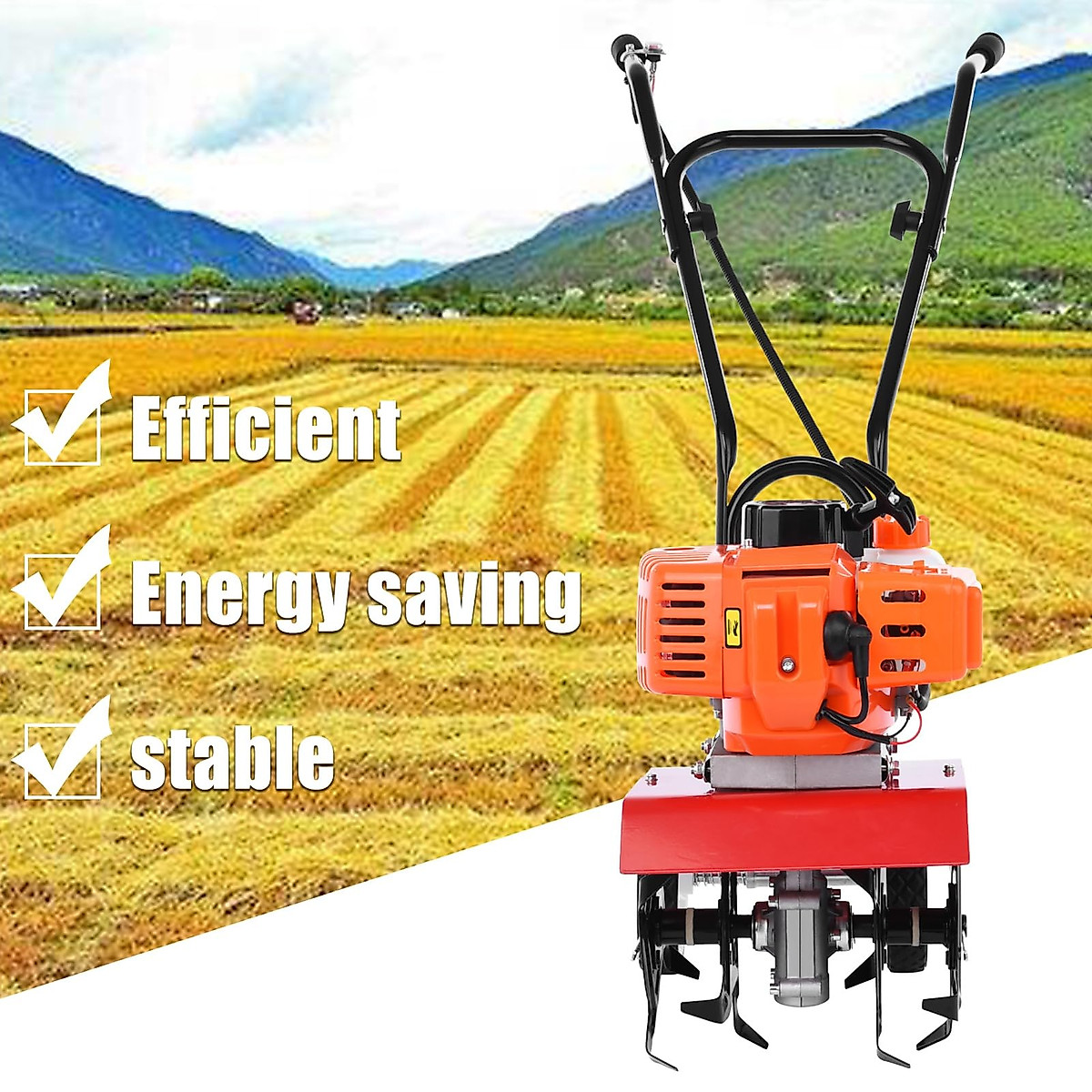 52CC Garden Tiller Gas Powered,3HP 2-Strokes Garden Tiller Cultivator,9000RPM, 1.2L Fuel Tank, 6-inch Working Depth Cultivator Rotovator Orange