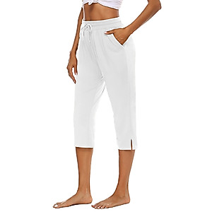 THANTH Womens Capri Yoga Pants Loose Drawstring Comfy Lounge Pajama Capris Workout Jersey Joggers Pants with Pockets White S