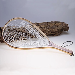 DHLink Wooden Handle Fly Fishing Landing Trout Clear Rubber Net Catch