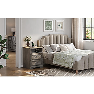 Nightstand with Strip Lights,USB Outlets Set of 2, Night Stand with Drawers, Accent Bed Side Table and End Table with Open Storage for Bedroom, Living Room,Gray