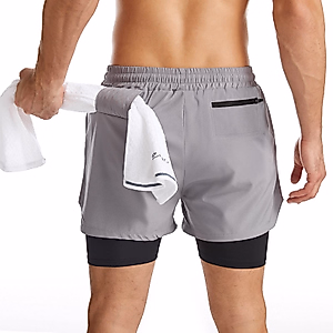 Surenow Mens 2 in 1 Running Shorts Quick Dry Athletic Shorts with Liner, Workout Shorts with Zip Pockets and Towel Loop Light Grey