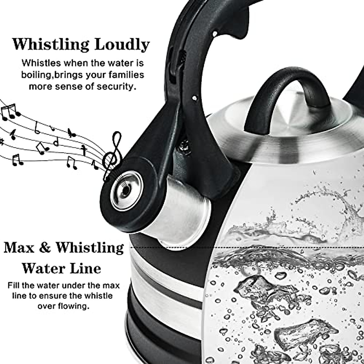 Kanmart Whistling Tea Kettle: 2.5 Quart Premium Stainless Steel Kettle with Capsule Bottom & Anti-Hot Ergonomic Handle, Tea Pot for Stove Top Gas Electric Applicable - Black