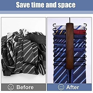 BigOtters Wooden Tie Rack, Tie Hanger for Men Closet Hanging Space Saving Holder 20 Hooks 360 Degree Rotating Tie Organizer for Belt Scarf Tie