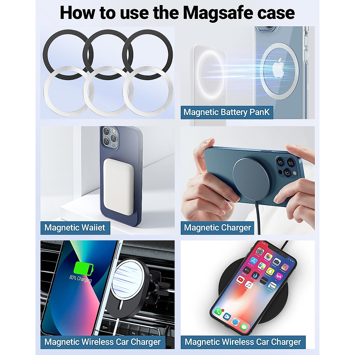 KALAPOP Magnetic Wireless Charging Magsafe Ring-6 PCS,Ultra-Thin(0.4mm) Magsafe Sticker, Compatible with iPhone 15/14/13/12 Series,Samsung Galaxy,Google Pixel Series,Magsafe Accessories-3Black&3Silver