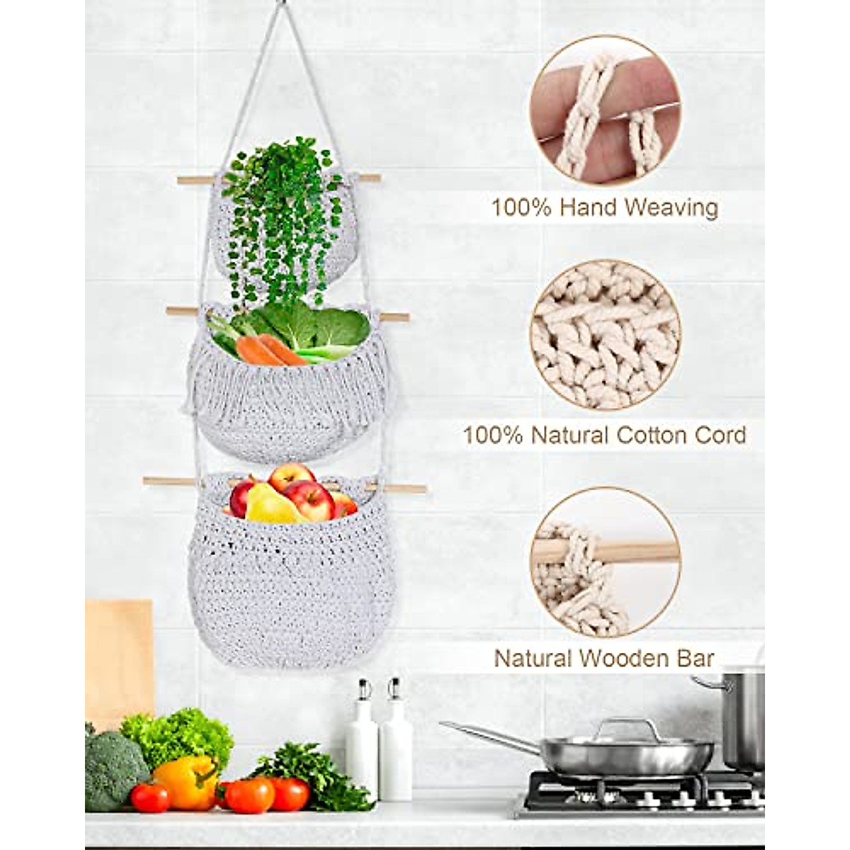 MOVNO Hanging Fruit Basket, Handmade Macrame Hanging Basket, Decorative Macrame Fruit Basket Hanging, Space Saving Boho Fruit Basket, Perfect for Kitchen/Room/Living Room Organization Storage