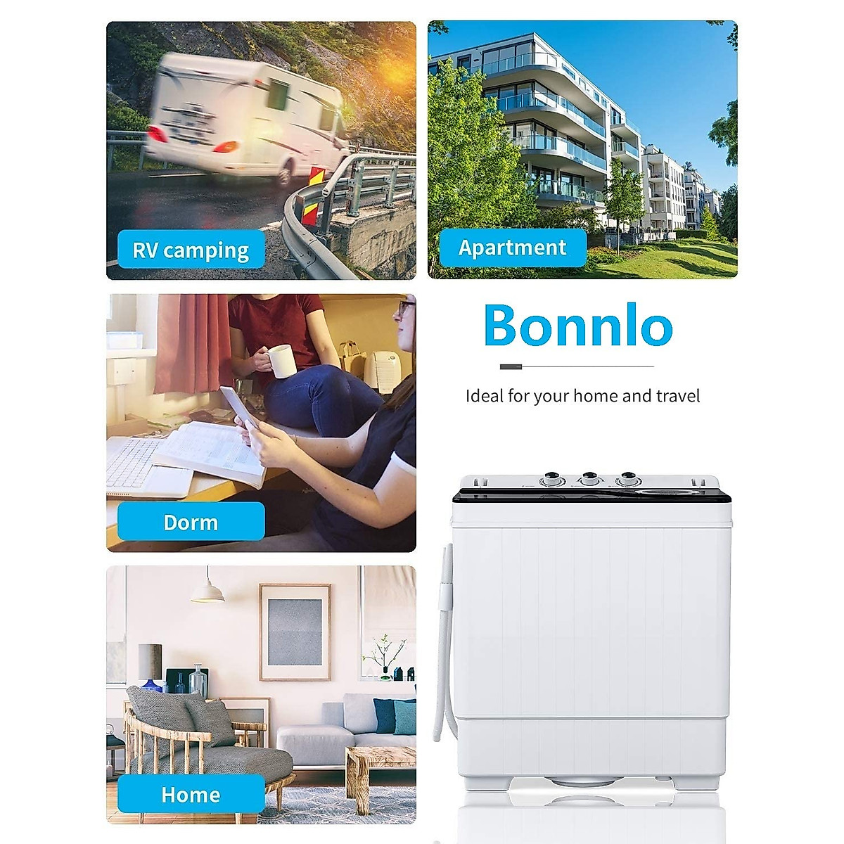 Bonnlo 26lbs Portable Washing Machine, Compact Mini Washer, Twin Tub Washer and Dryer Combo; 18LBS Washer & 8LBS Spin Dryer for Apartment, Dorms, RVs, Camping and More (Black)