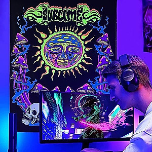 Miytal Blacklight Sun Tapestry, UV Reactive Hippie Aesthetic Mushroom Poster, Skull Vertical Glow in The Dark Tapestry for Bedroom - 44" x 59"