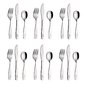 Exzact Exzact Children's Flatware Kids Silverware 18pcs/Toddler Utensils - 6 x Forks, 6 x Safe Dinner Knives, 6 x Dinner Spoons - Engraved Dog Cat Bunny