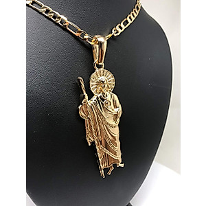 Fran & Co. Jewelry Gold Plated Big Saint Jude Pendant Necklace Figaro 26" San Judas Tadeo Medalla XL Cadena Oro