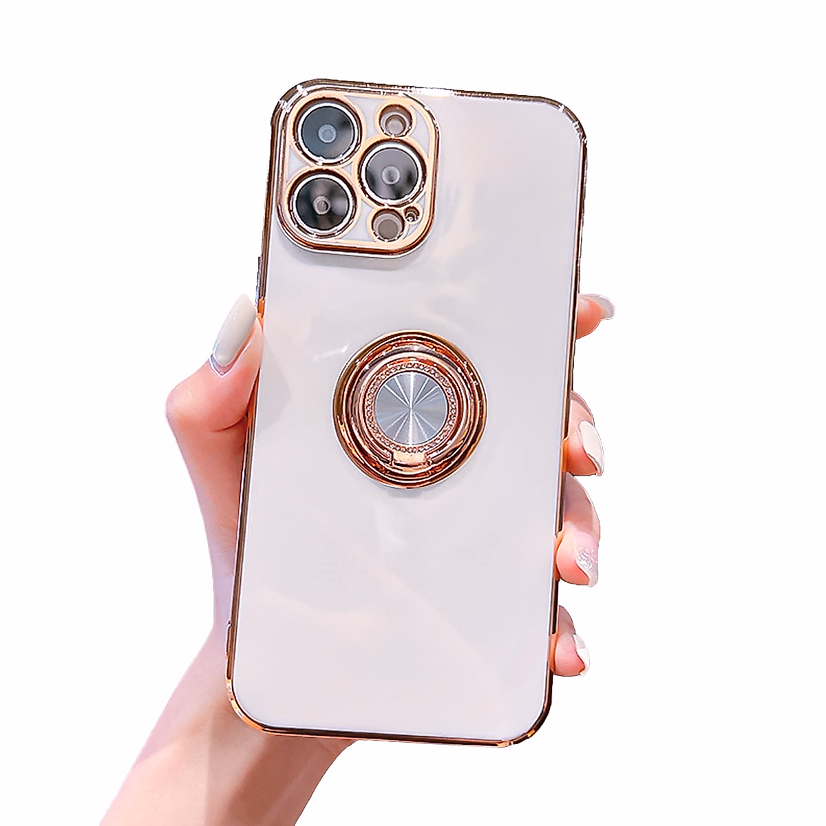 Yepda Case for iPhone 13 Pro Max Ring Holder Case with Diamond Shiny Plating Rose Gold Edge Built-in 360 Rotation Magnetic Kickstand for Women Girls Slim Soft TPU Protective Cover 6.7 Inch, White