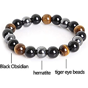 WFJ Black Obsidian Hematite Triple Protection Bracelet Tiger Eye Beads Bracelets for Men and women（10MM）, Set of 2 black,gray 19cm