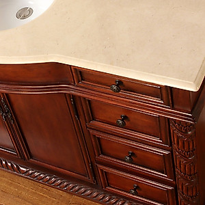 Silkroad Exclusive FS-0268-CM-UWC-60 Creamy Marble Stone Single Sink Bathroom Vanity with Furniture Cabinet, 60", Medium Wood