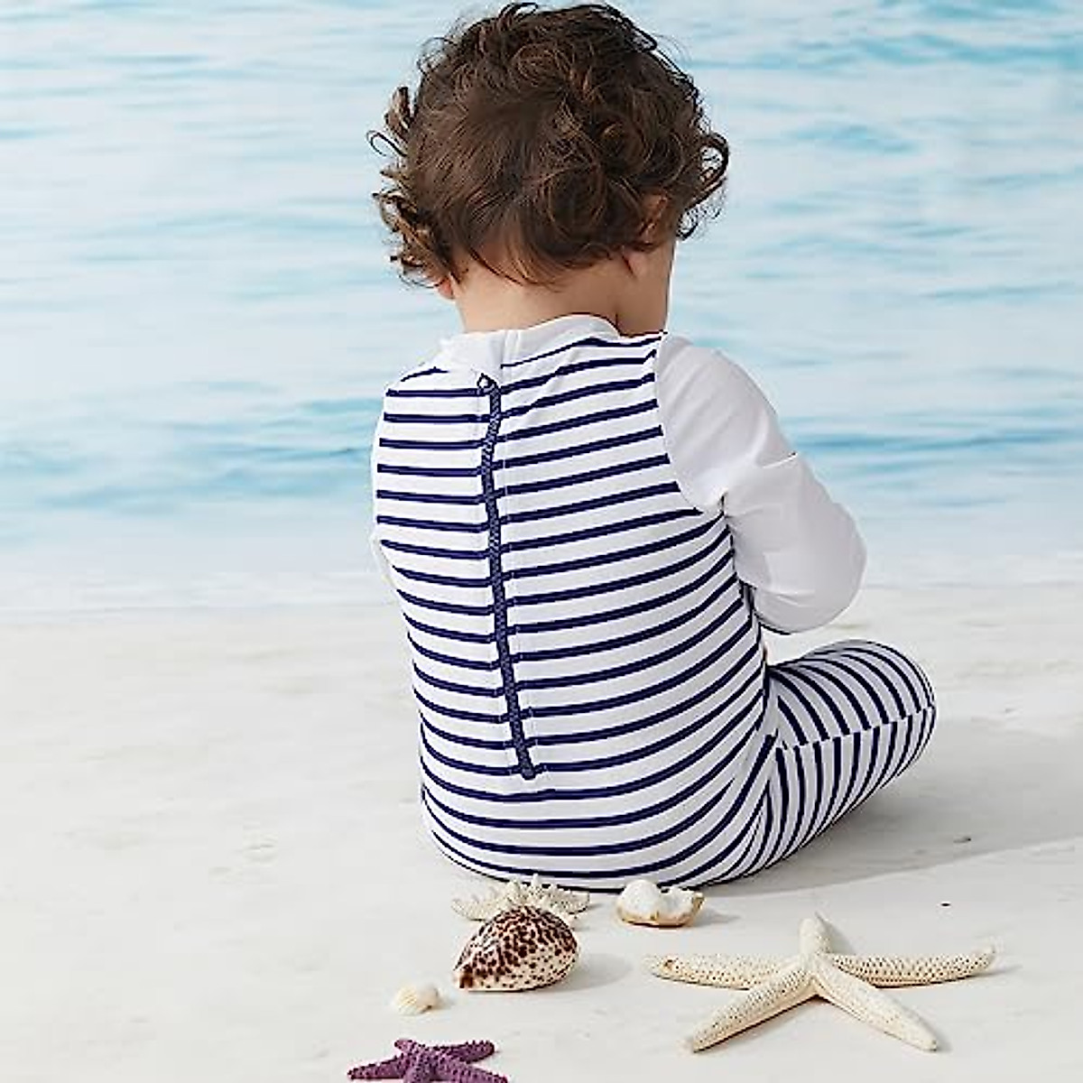 Baby Swimsuit Boy One Piece Rashguard with Hat UPF 50+ Sun Protection ，Blue Stripes,6-9 Months