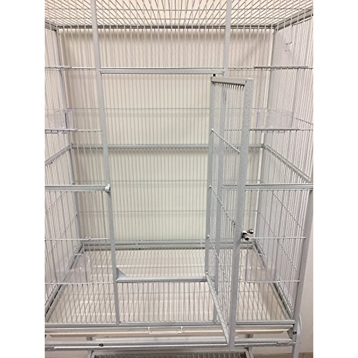 Large Wrought Iron 3 Levels Ferret Chinchilla Sugar Glider Small Animal Cage with 1/2" Wire Cross Shelves & Ladders with Removable Rolling Stand *White Vein*