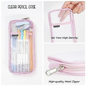 ECHSRT Mesh Pencil Case for Girls With Zipper, Grid Clear Pencil Pouch for Kids Students Teens Boys Adults, Small Transparent Pen Bag for School Office Travel, Pink