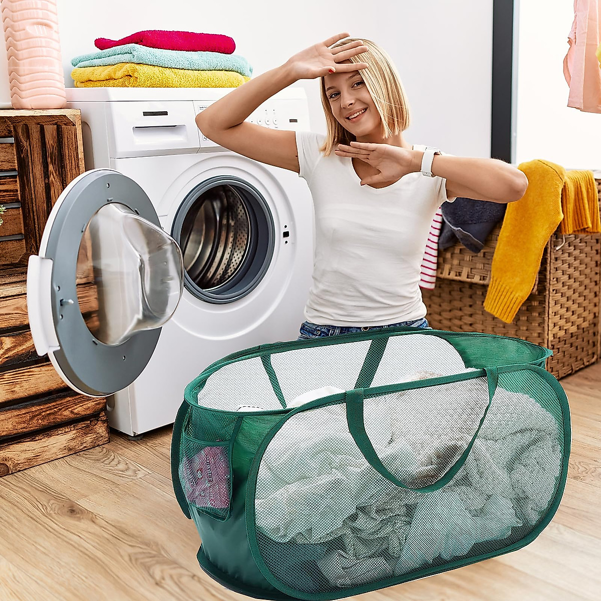 Mesh Pop Up Laundry Hamper, Durable Collapsible Laundry Baskets with Side Pockets, Foldable Clothes Storage Hamper with Reinforced Carry Handles for Dorm, Laundry Room, Kids Room, Green,1 Pack