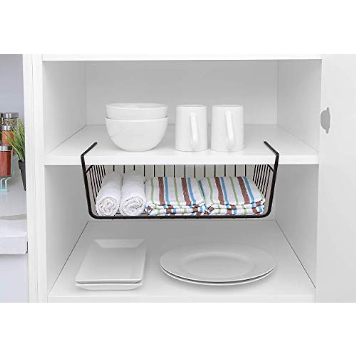 Smart Design Undershelf Storage Basket - Medium - Snug Fit Arms - Steel Metal Wire - Rust Resistant - Under Shelves, Cabinet, Pantry, and Shelf Organization - 16 x 5.5 Inch - Black