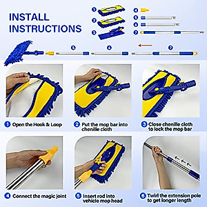 ITTAR Car Wash Brush, 2 Pads Chenille Microfiber Car Wash Mop Kit with 61" Long Handle, Truck Wash Brush Cleaning Tool with Flexible Rotation Head, Car Wash Wand for RV, SUV, Tile Floor(Blue)