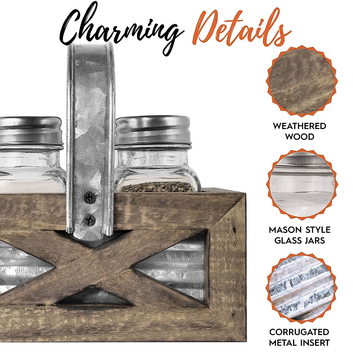 Autumn Alley Farmhouse Napkin Holder and Adorable Farmhouse Salt and Pepper Shakers Set With Wood Holder - Barn Door Motif, Galvanized Metal - Upright Rustic Napkin Holder Rustic Kitchen Décor (Brown)