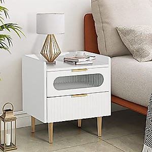 AILEEKISS Nightstand with Wireless Charging Function Modern Night Stands with Tempered Glass Drawer Wooden Nightstands for Bedroom (White)