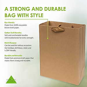 Prime Line Packaging 10x5x13 50 Pack Medium Brown Gift Bags with Ribbon Handles, Kraft Gift Bags for Gift Wrap, Wedding, Goodie Bags, Favors, Bulk