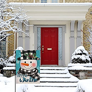 Covido Home Decorative Hello Winter Snowman Garden Flag, Buffalo Plaid Check Yard Outside Decorations, Outdoor Small Decor Double Sided 12x18