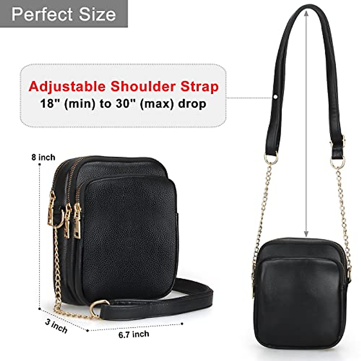 Multi Pocket Black Leather Crossbody Bag for Women Handbag Cute Little Purse Small Ladies Shoulder Strap Cross Body Bag Best Designer Crossbody Purse Girls Casual Chain Cell Phone Bags