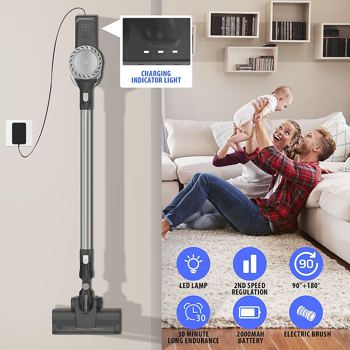 EFAN Cordless Vacuum Cleaner, 6 in 1 Stick Vacuum Cleaners for Home Carpet Hardwood Floor, Wireless Household Vaccum with HEPA Filtration, 16Kpa Powerful Suction, Up to 30mins Runtime, LED Headlight