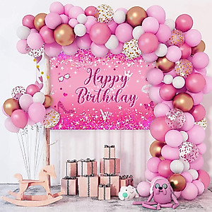 Avezano Hot Pink Birthday Party Decorations, Red Pink Confetti Foil Balloons Garland Arch Kit, 65Pcs Sweet Pink Glitter Birthday Party Supplies, Birthday Photo Backdrop Banner for Girl Women (65 Pcs)