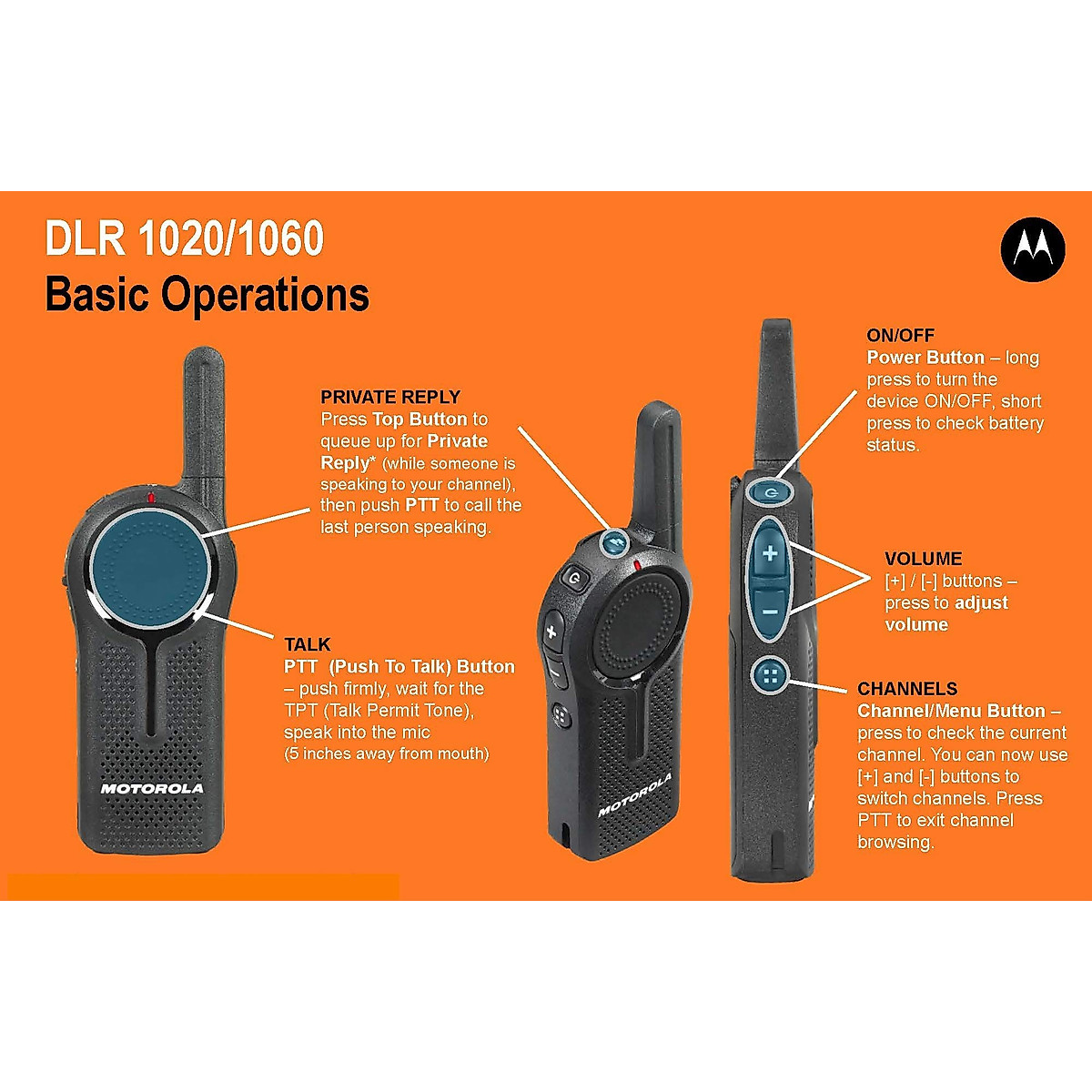 6 Motorola DLR1060 Two Way Radios & 1 Motorola 56531 6 Radio Charger Black