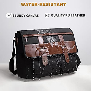 Celvetch Laptop Messenger Bag - PU Leather Briefcase for Men Canvas Shoulder Bag Computer Bag for Work Travel College - Black