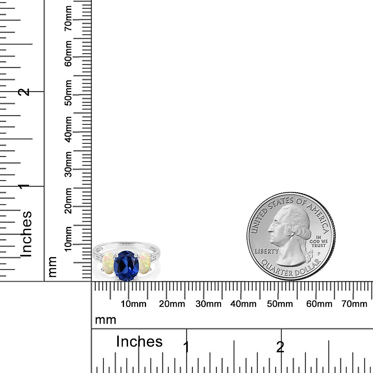 10K White Gold Blue Created Sapphire White Ethiopian Opal and White Diamond Oval 3-Stone Engagement Ring For Women (2.24 Cttw, Gemstone September Birthstone, Available In Size 5, 6, 7, 8, 9)