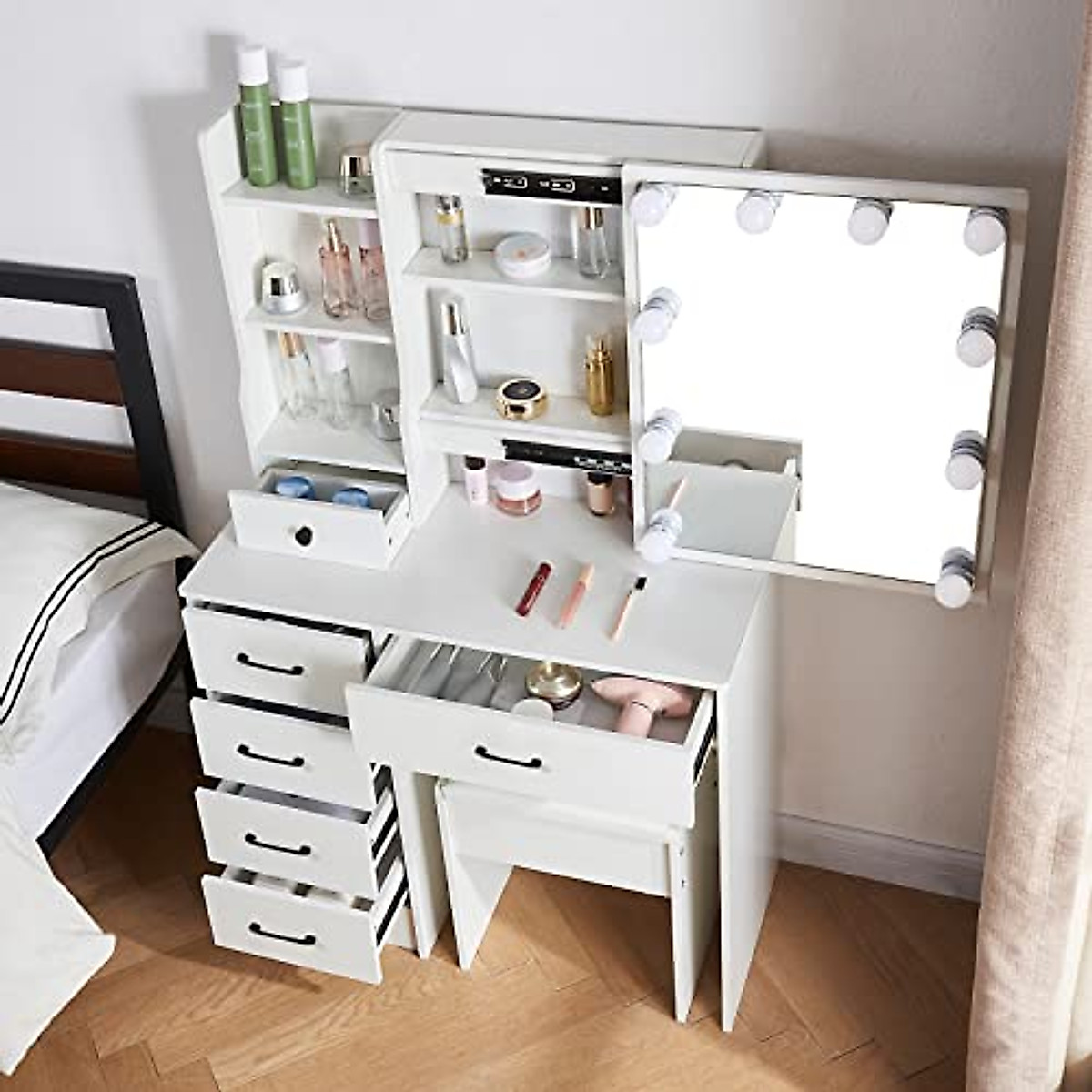 White Vanity with Sliding Mirror, 10PCS Hollywood Bulbs 3 Lighting Modes Vanity Desk with 6 Storage Drawers, Dressing Table Set with 6 Display Shelves for Girls.