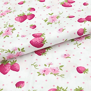Hanjunzhao Strawberry Fabric by The Yard, Strawberries on White Background, Cotton Fabric for Clothing Sewing and Arts Crafts, 39 by 63-inch (1.09 by 1.75-Yard), Pink White