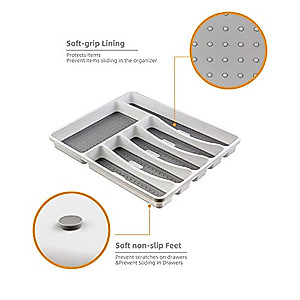 LeMuna Silverware Tray for Drawer, Plastic Cutlery Tray Kitchen Drawer Organizer, 6 Compartment Flatware Cutlery Organizer, Soft-Grip Lining and Non-Slip Rubber Feet