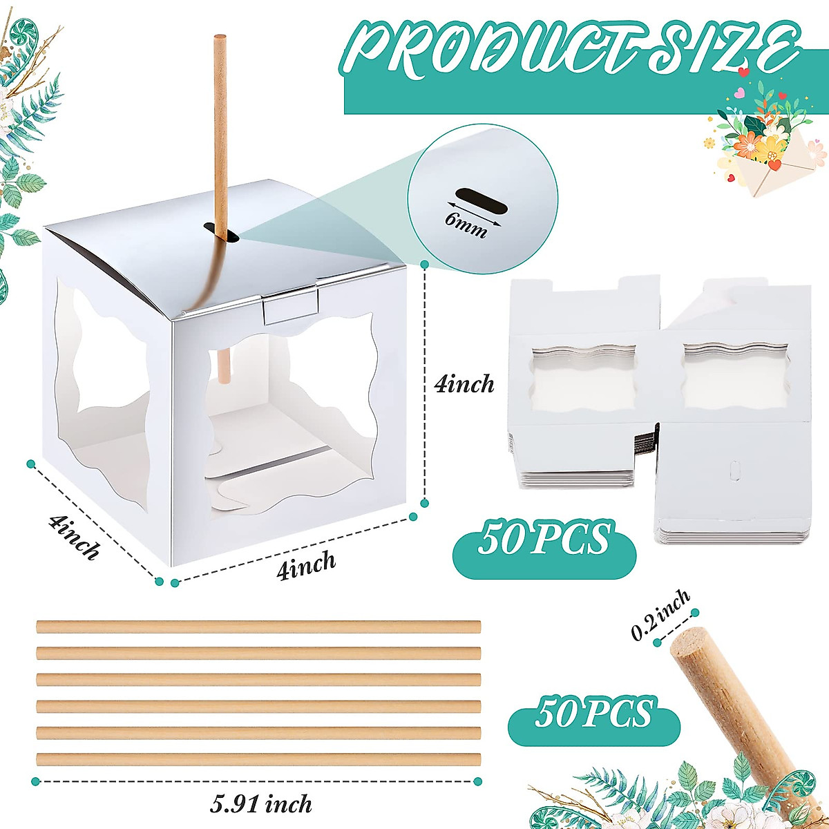 Dandat 50 Pieces 4 x 4 x 4 Inch Candy Apple Box with Hole and Stick Paper Caramel Apple Boxes Cookies Chocolate Gift Treat Boxes with Clear Windows Caramel Apple Containers for Wedding Christmas