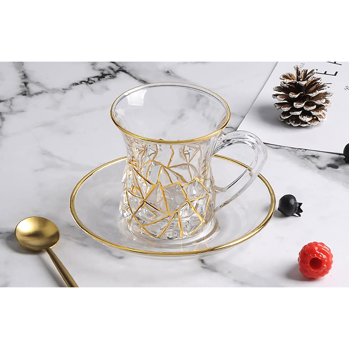 Handmade Gold Rimmed Line Three-dimensional Cups Light Luxury Clear Crystal Glass Small Tea Cups Coffee Water Drinks Afternoon Tea Handle Cups