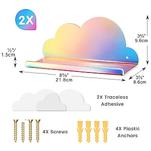 NiHome Iridescent Acrylic Floating Shelves, 2 Pack Cloud Shelves - Large Floating Shelf for Wall, Wall Mountable and Multi-Functional for Home Décor, Bathroom, Kitchen, Bedroom (Large, 2 Pack)