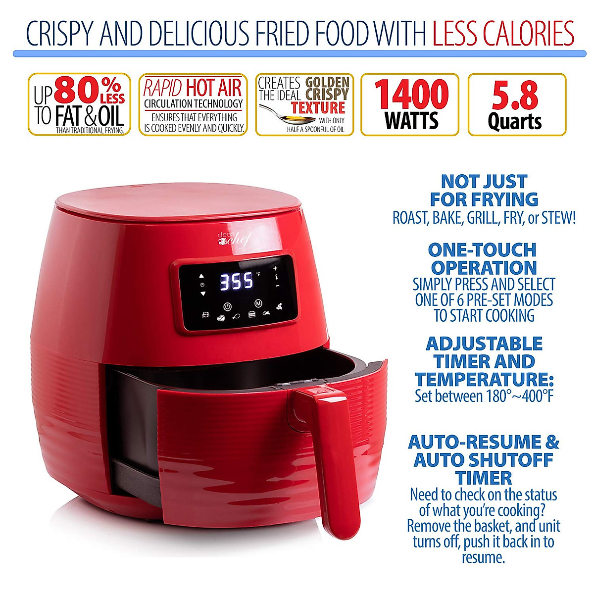 Deco Chef 5.8QT (19.3 Cup) Digital Electric Air Fryer with Accessories and Cookbook- Air Frying, Roasting, Baking, Crisping, and Reheating for Healthier and Faster Cooking (Red)