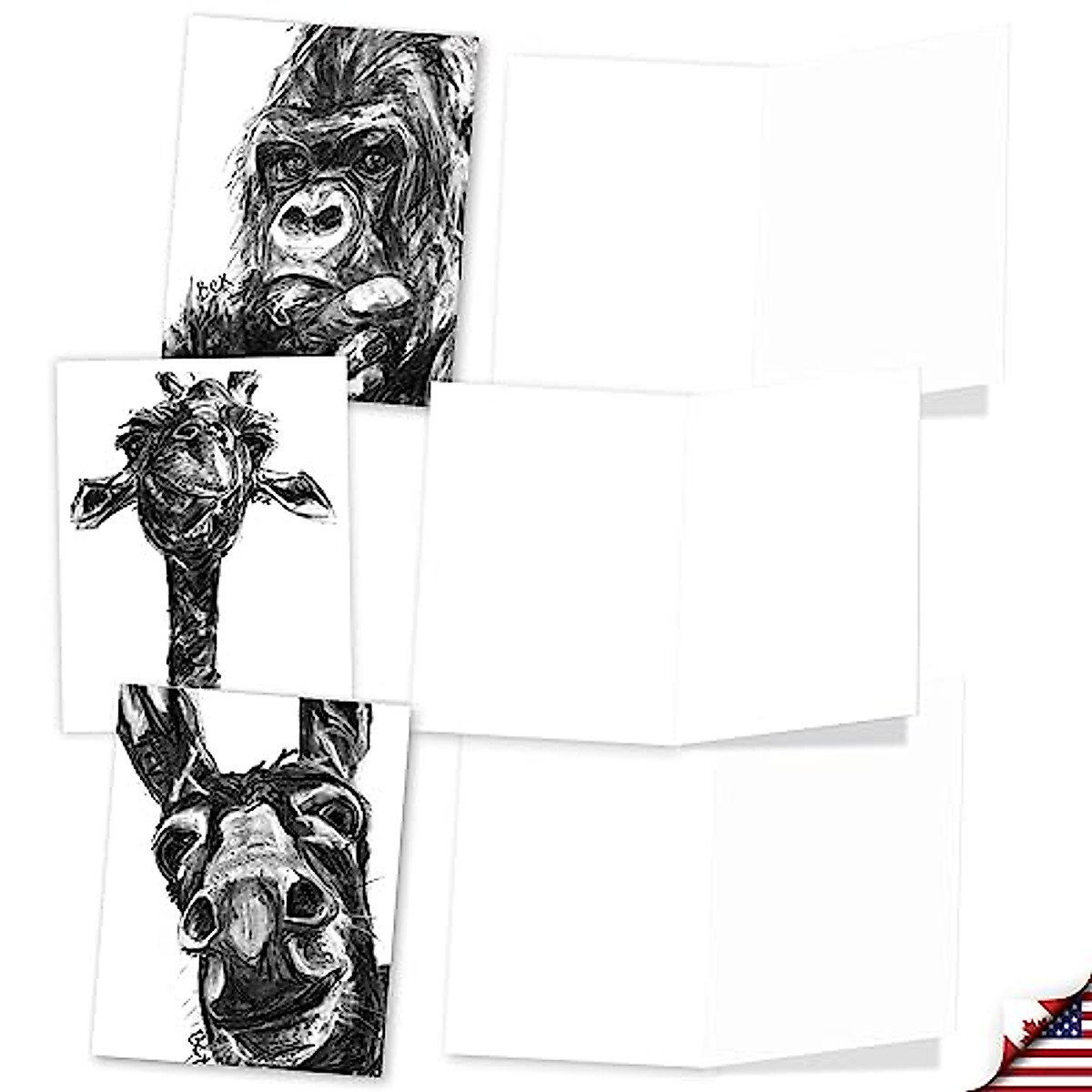 The Best Card Company - 10 Assorted Blank All Occasions Notecards Boxed Set 4 x 5.12 Inch with Envelopes (10 Designs, 1 Each) Boxed Assorted Kid Cards of Pets - CHARCOAL ANIMALS M2956OCB