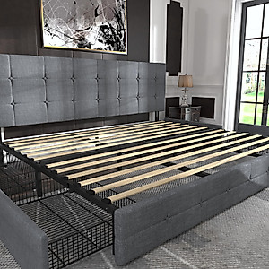 Allewie Upholstered King Size Platform Bed Frame with 4 Storage Drawers and Headboard, Square Stitched Button Tufted, Mattress Foundation with Wooden Slats Support, No Box Spring Needed, Light Grey