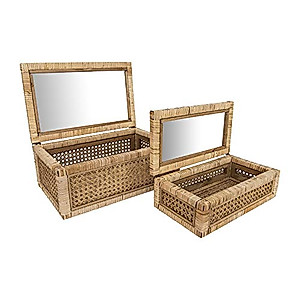 Creative Co-Op Cane and Rattan Display Boxes with Glass Lid, Set of 2