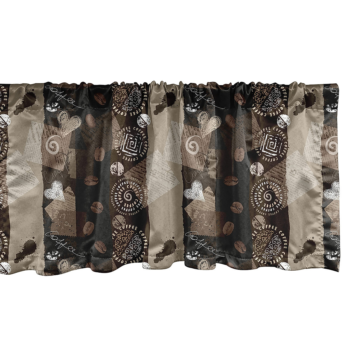 Ambesonne Brown Window Valance, Coffee Typography Hearts and Beans on Abstract Striped Grungy Backdrop in Brown Tones, Rod Pocket Curtain Valances for Kitchen Bedroom, 54" X 12", Dark Brown