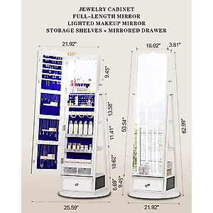 Full-Length Standing Mirror Jewelry Cabinet with Lights, Storage, and Rotating Shelf - White