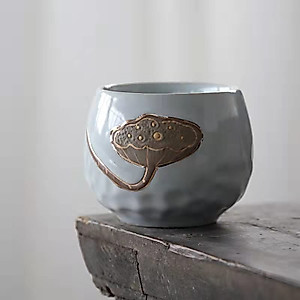 MQjzsh Chinese and Japanese teacups,Kung Fu tea cup set of four,gift box packaging，green tea cup, tea companion， rock-glazed gold painting, relief lotus pods (Four colour)