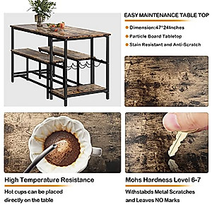 Dining Table Set for 4, 3 Piece Kitchen Table and Chairs Set with 2 Benches, Small Kitchen Table Set with Wine Rack and Glass Holder, Rustic Metal Frame for Breakfast Nook Apartment (Distressed Brown)