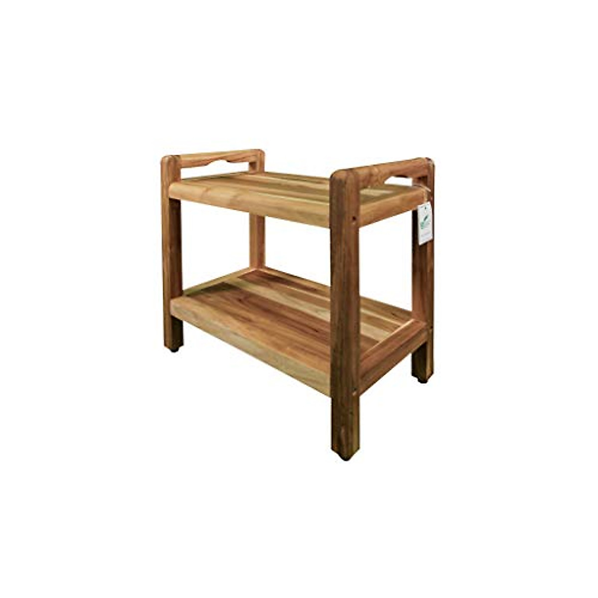 EcoDecors Eleganto Earthy Teak Shower Bench 2-Tier Wooden Seat Spa Shower Stool with Storage Shelf and LtAide Arms,for Indoor and Outdoor- 24 Inches