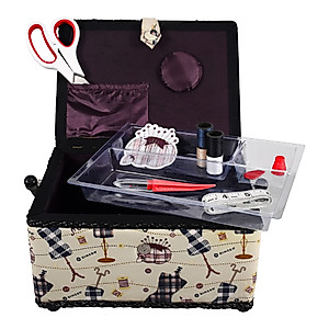 SINGER Sewing Basket with Sewing Kit, Needles, Thread, Scissors, and Notions (Plaid Forms Print)