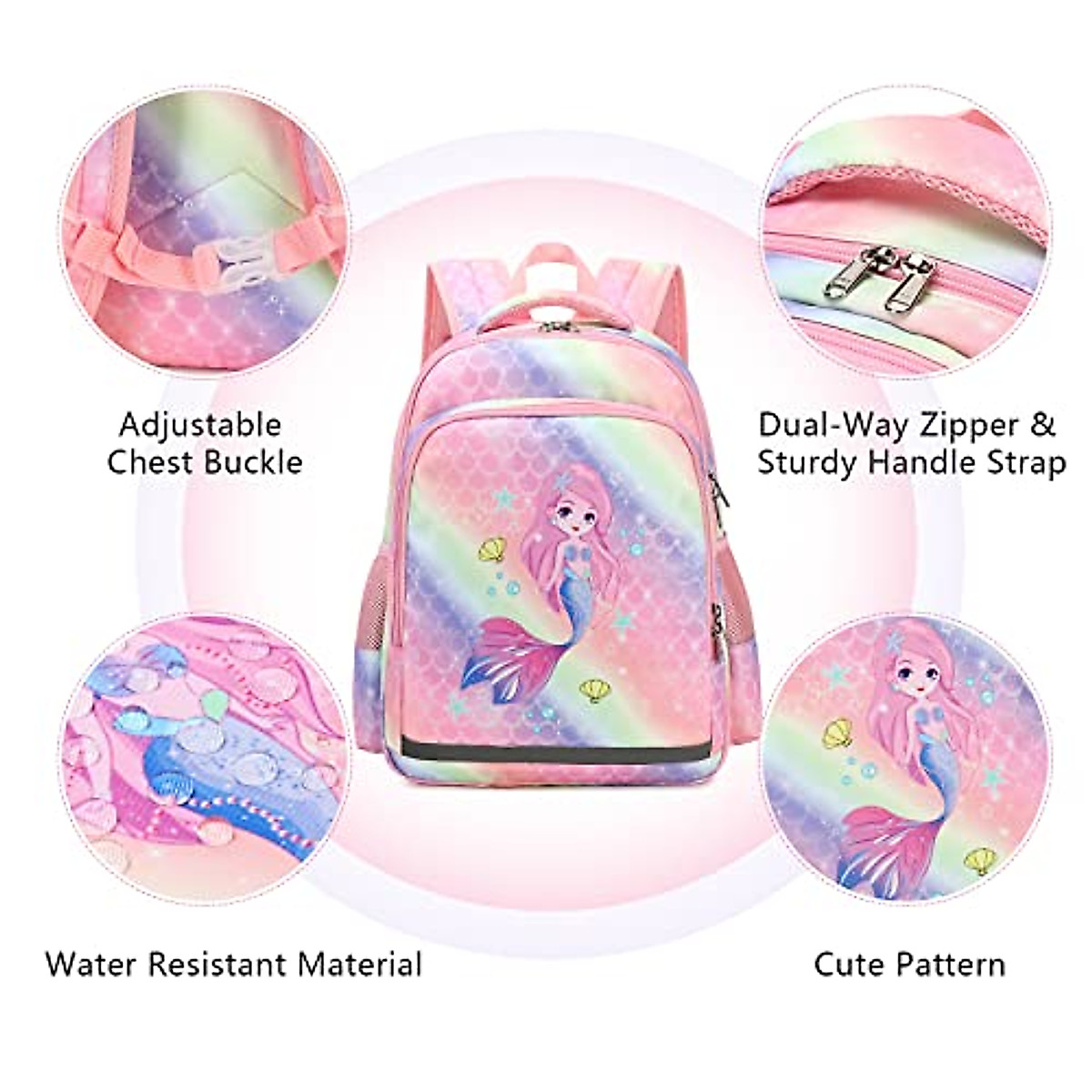 YCBB Rainbow Mermaid Kids Backpacks for Girls School Bookbags Set with Lunch Tote Bag Lightweight Preschool Kindergarten Elementary School Backpacks
